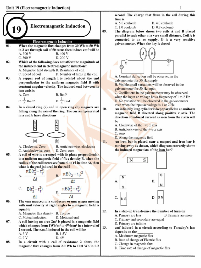 Electromagnetic Induction 340 Mcqs Worksheet by SKN 2025 | PDF