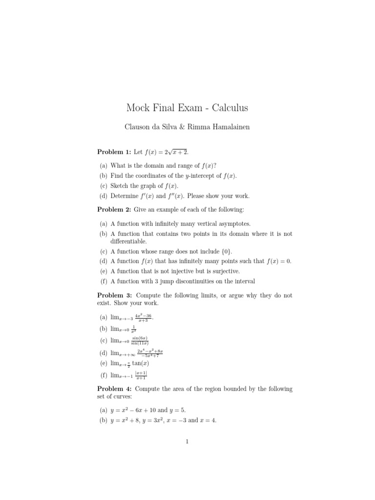 Mock Final Exam Calculus | PDF | Function (Mathematics) | Analysis