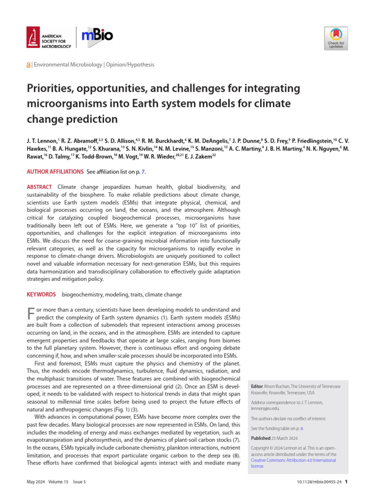 Lennon Et Al 2024 Priorities Opportunities and Challenges For Integrating Microorganisms Into ...