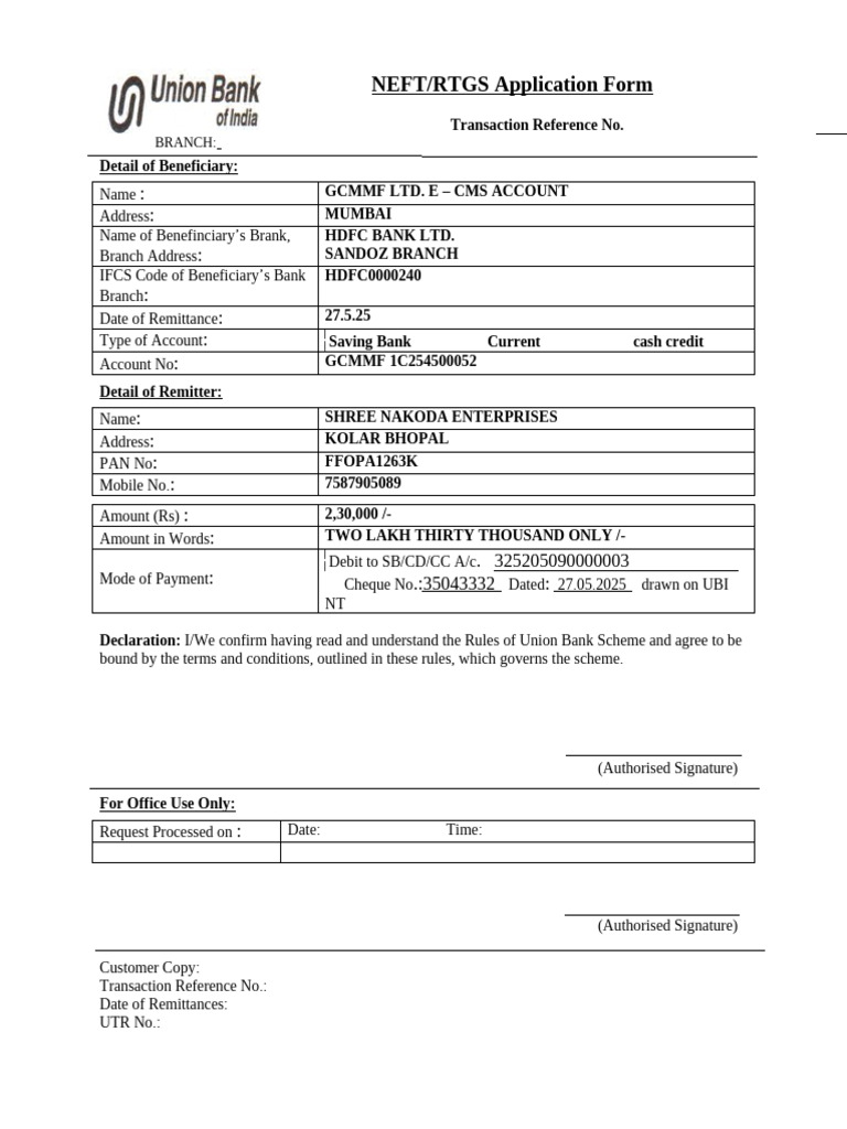 Union Bank NEFT/RTGS Form PDF | PDF