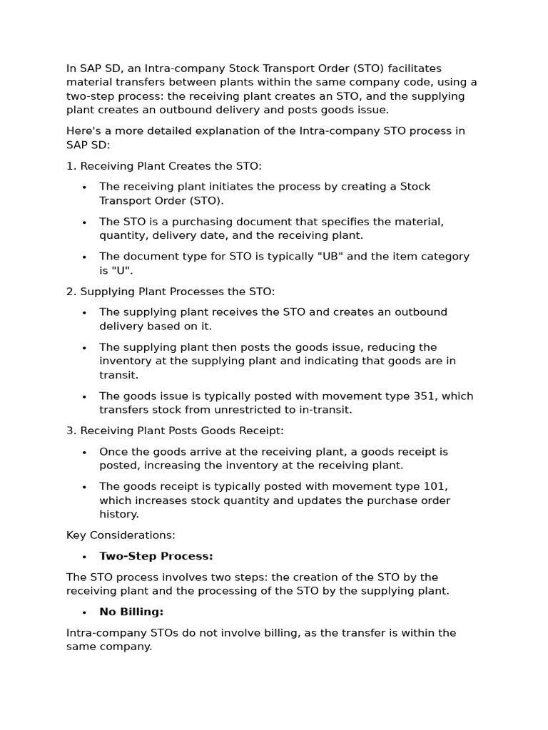 STO Stock Transfer Order in Sap | PDF | Logistics | Supply Chain Management