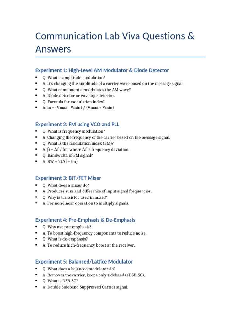 Communication Lab Viva QA | PDF | Detector (Radio) | Frequency Modulation