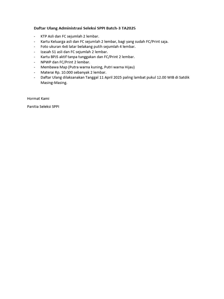 Administrasi Daftar Ulang Seleksi SPPI Batch-3 TA 2025 | PDF