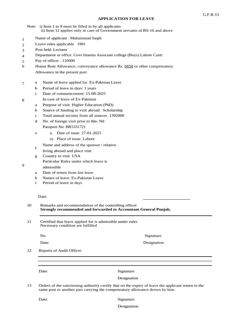 Ex-Pakistan Leave Application Form | PDF