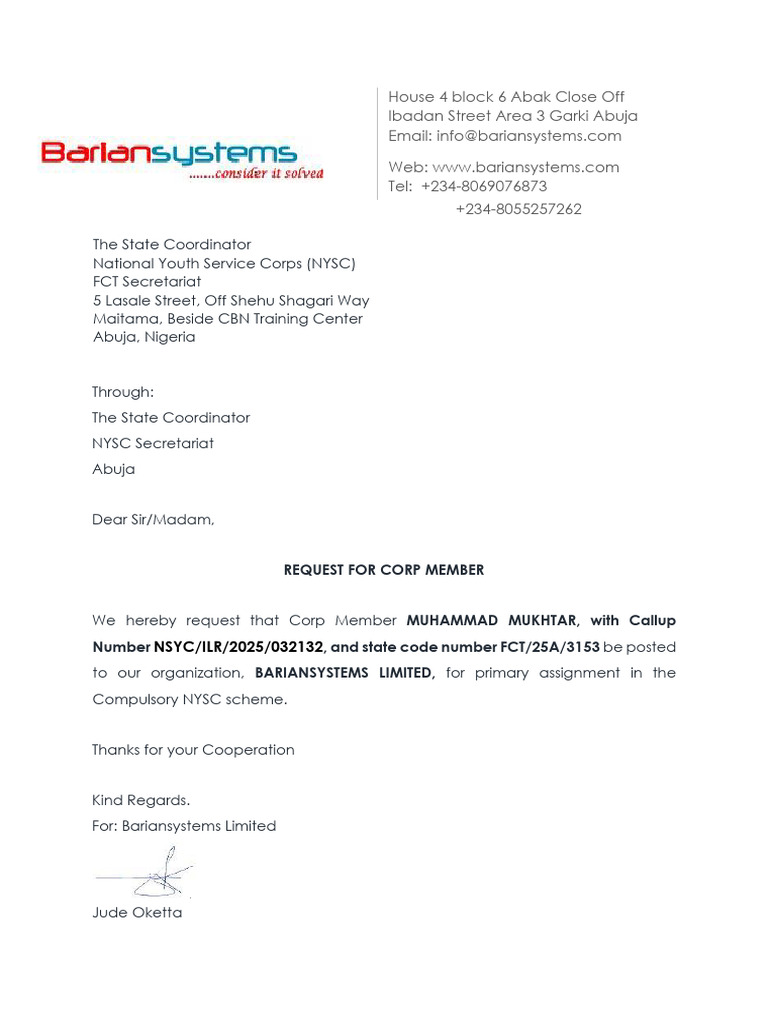 NYSC Request Letter 2025 | PDF