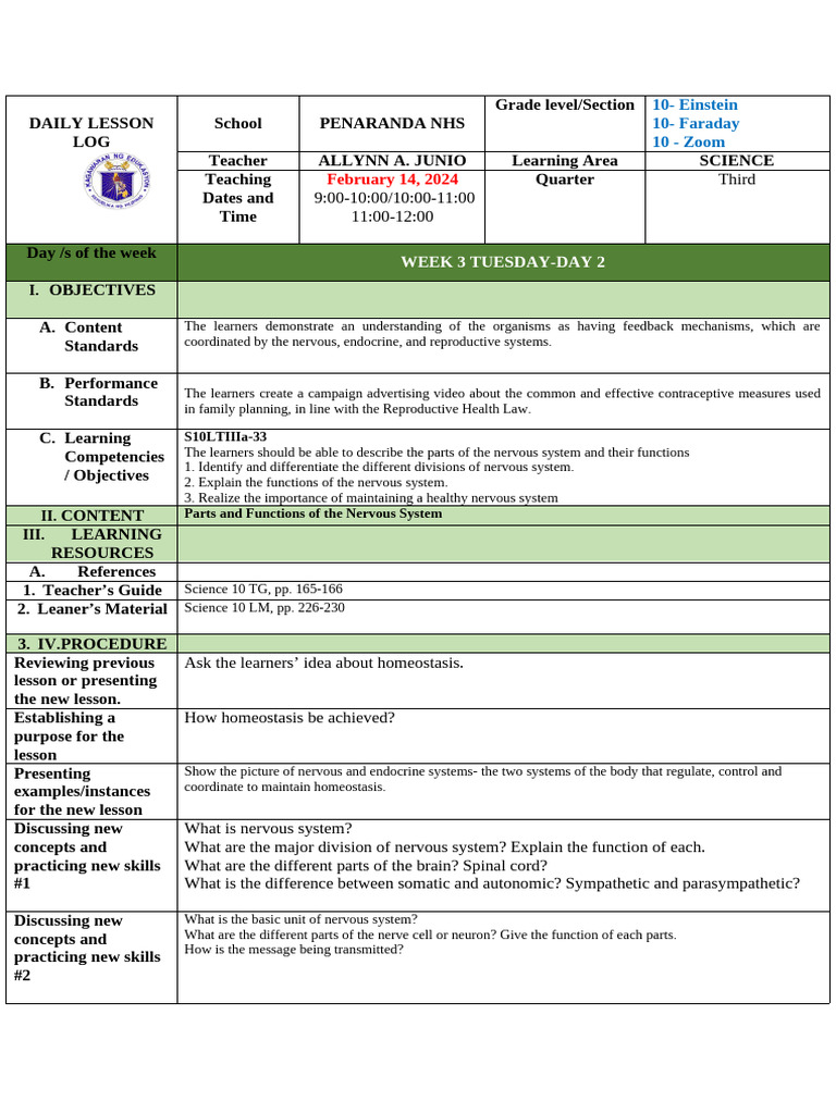 Science 10 Lesson Plan 02 14 | PDF | Nervous System | Learning