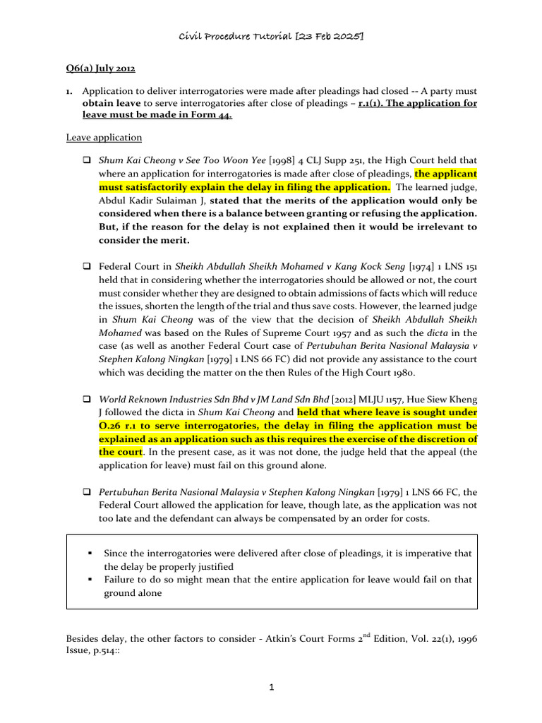 Civil Procedure Tutorial (23 Feb 2025) | PDF | Injunction | Interrogatories