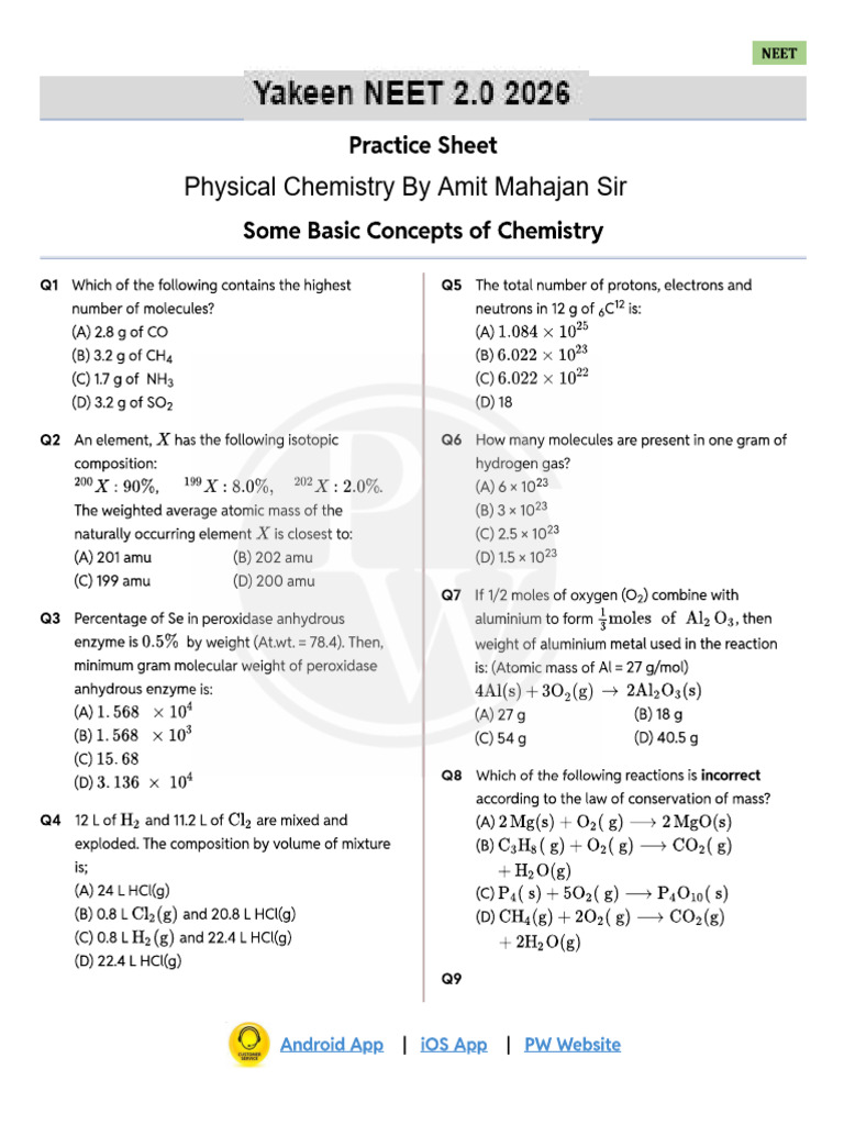 Some Basic Concept of Chemistry Practice Sheet Physical | PDF