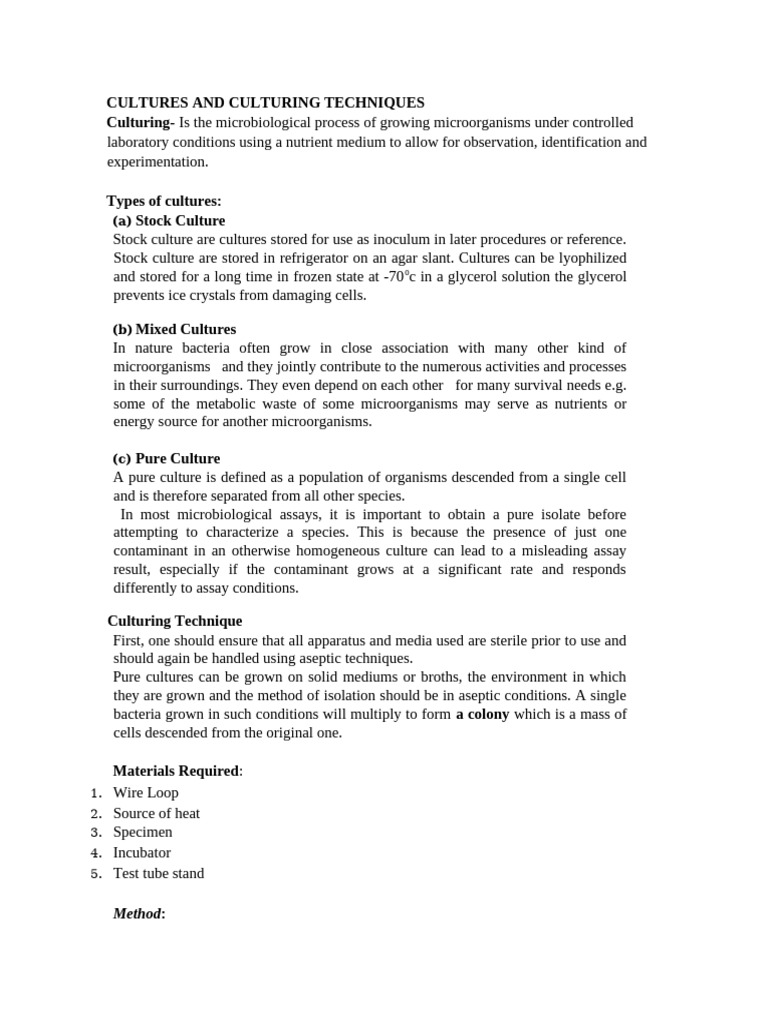 Cultures and Culturing Techniques | PDF | Growth Medium | Colony ...