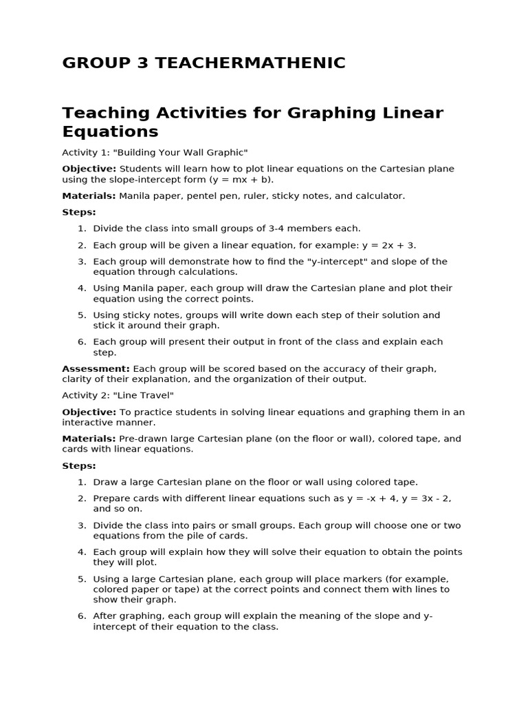 Teaching Activities For Graphing Linear Equations | PDF