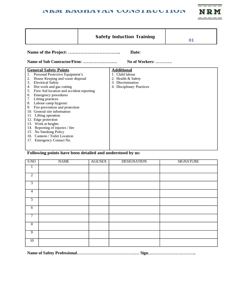 Safety Induction Record | PDF