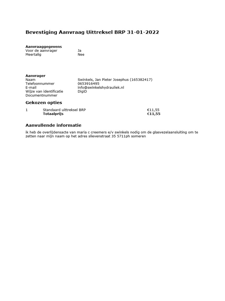 Bevestigingsdocument Aanvraag Uittreksel BRP | PDF