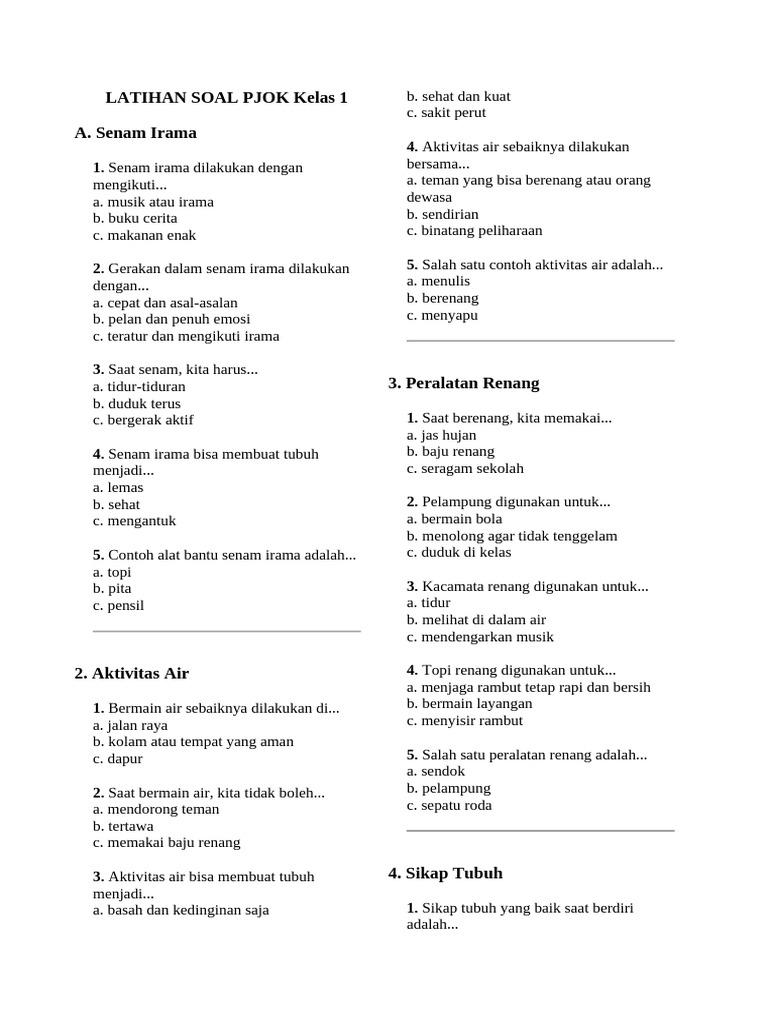 Latihan Soal Pjok Asat Kelas 1 | PDF