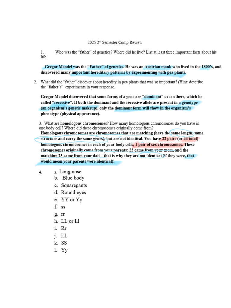 2025 KEY Comp Review 2nd Semester Earth Genetics KEY | PDF ...