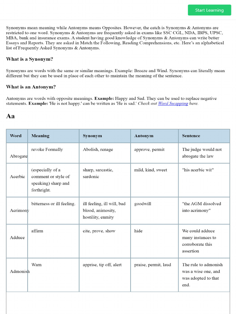 500+ Synonyms and Antonyms PDF List With Words, Meanings | PDF
