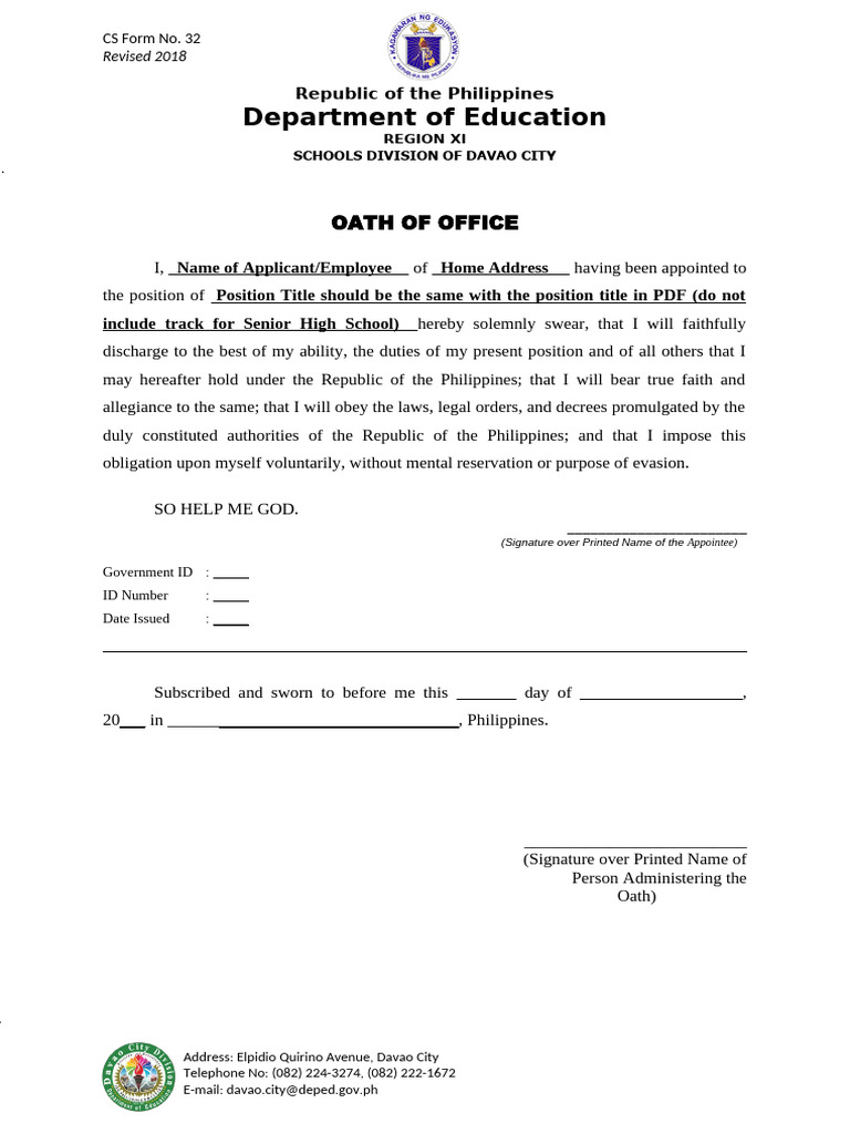 CS Form No. 32 Oath of Office | PDF