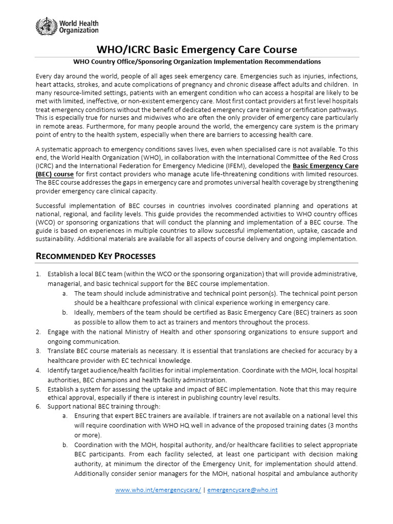WHO Basic Emergency Care Implementation Guide | PDF | Health Care ...