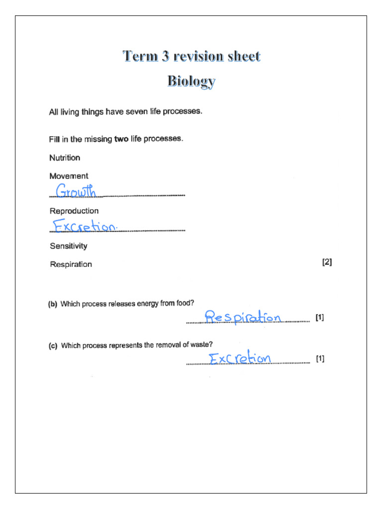 Term 3 Revision Sheet Biology 2 | PDF