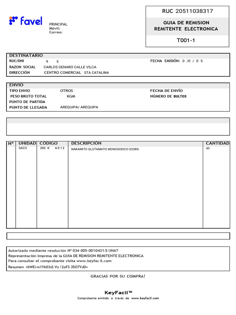 Inversiones Favel E.I.R.L.: Guia de Remision Remitente Electronica | PDF