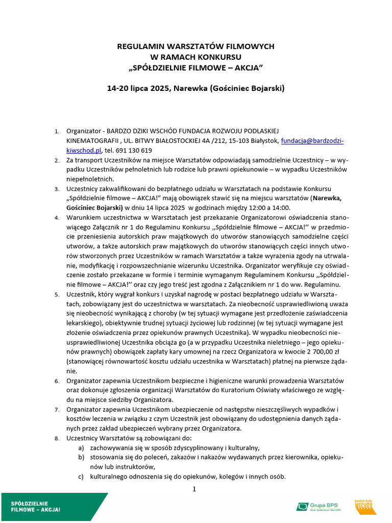 Regulamin Warsztaty Filmowe BPS 2025 | PDF