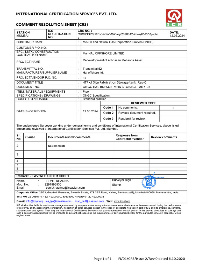 STORAGE TANK-03-ITP of Site Fabrication Storage Tank - Rev-0-Approved ...