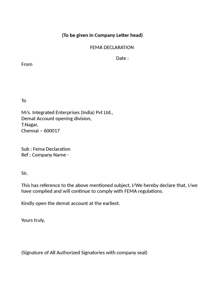 FEMA Compliance Declaration for Demat Account | PDF