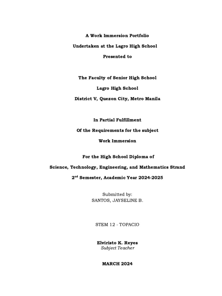 Work Immersion Portfolio: STEM Experience | PDF | Teachers | Mentorship