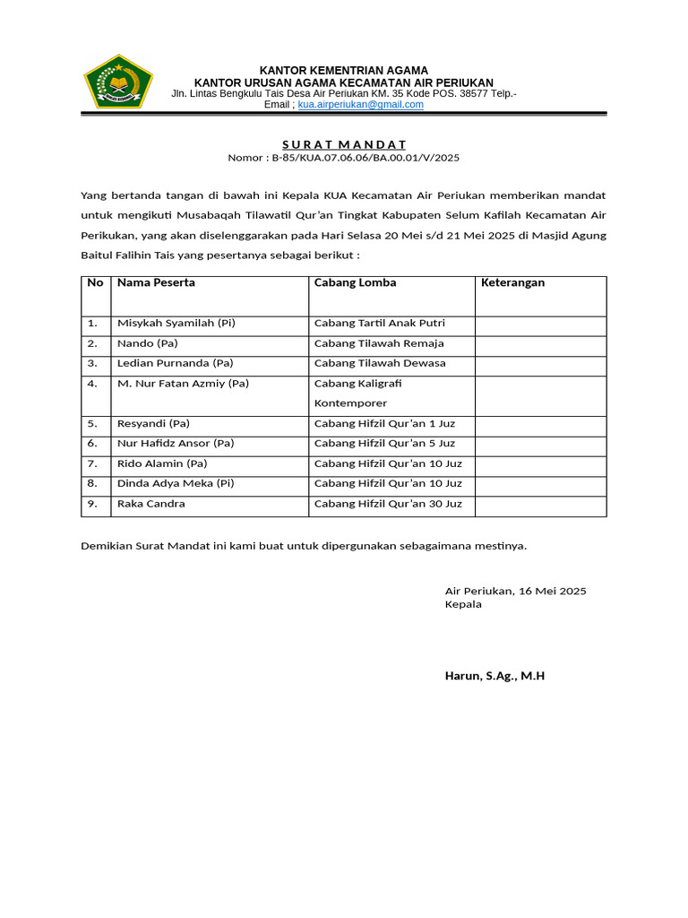 Surat Mandat Peserta MTQ 2025 | PDF