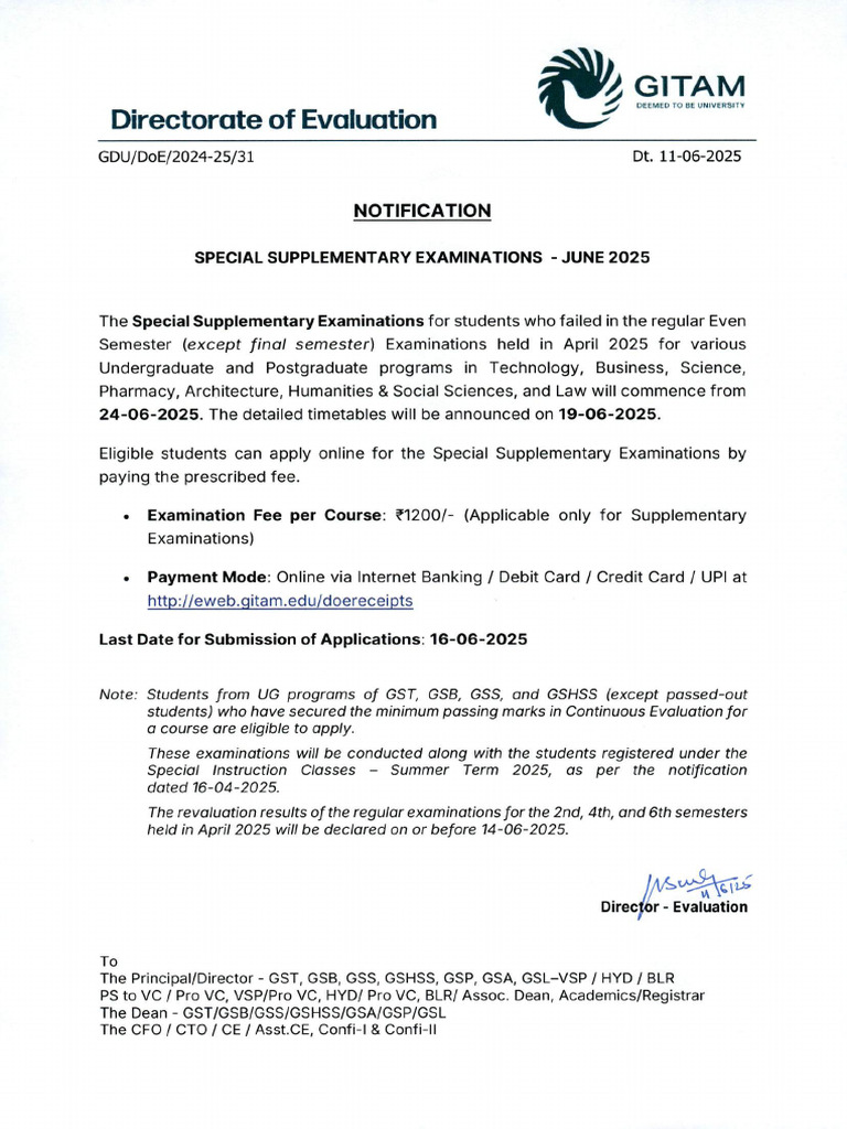 Special Supplementary Examinations - June 2025 | PDF