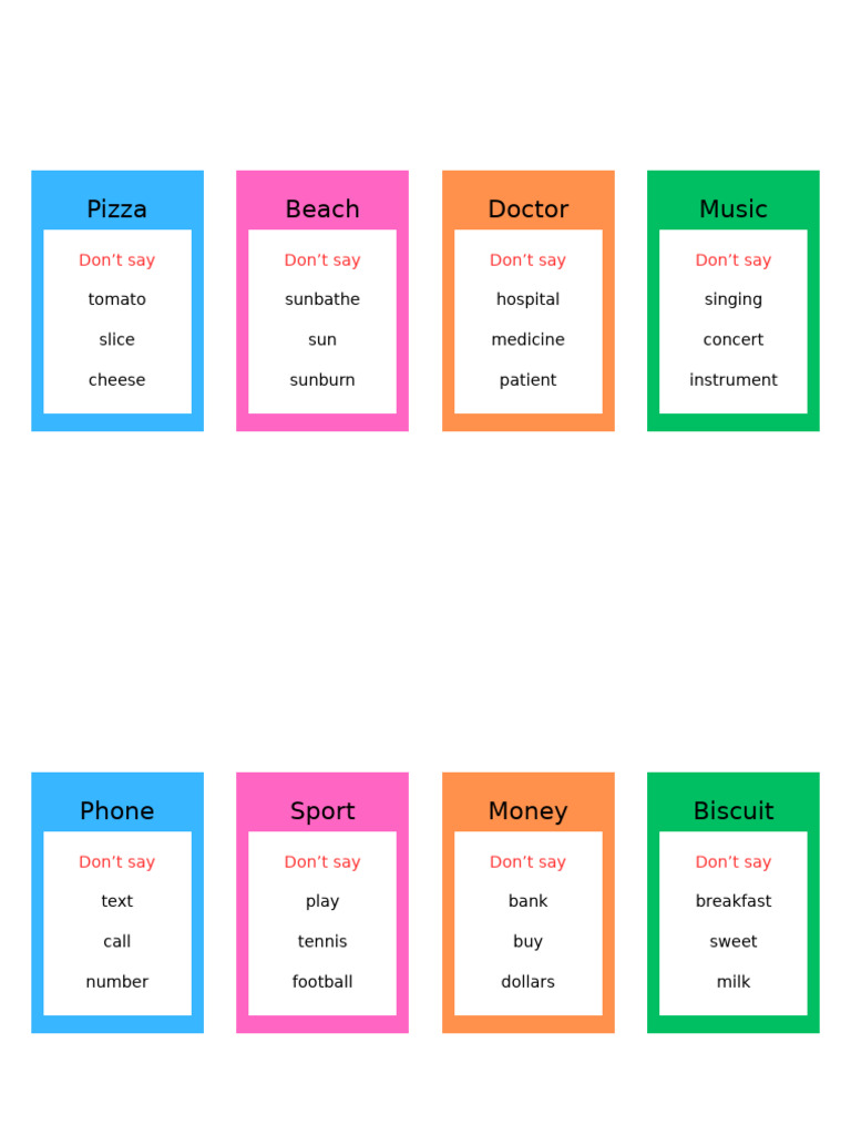 Pink and Blue Simple English Taboo Game Flashcards | PDF