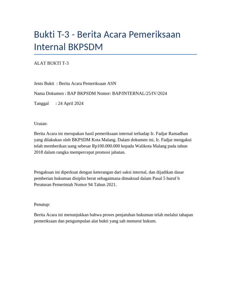 Bukti T-3 - Berita Acara Pemeriksaan Internal BKPSDM | PDF