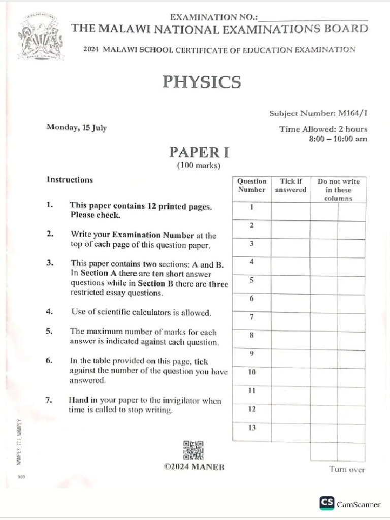 2024 Physics P1 Maneb | PDF