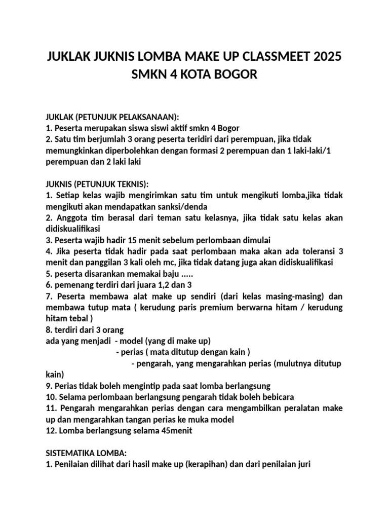Juklak Juknis Lomba Make Up Classmeet 2025 | PDF