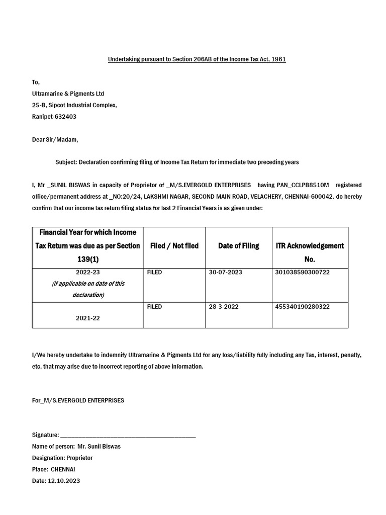 UPL-Supplier Self Declaration - 206AB of IT Act - U | PDF