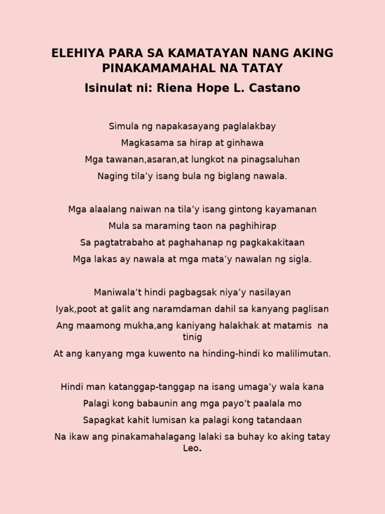 Elehiya Para Sa Kamatayan Nang Aking Pinakamamahal Na Tatay | PDF