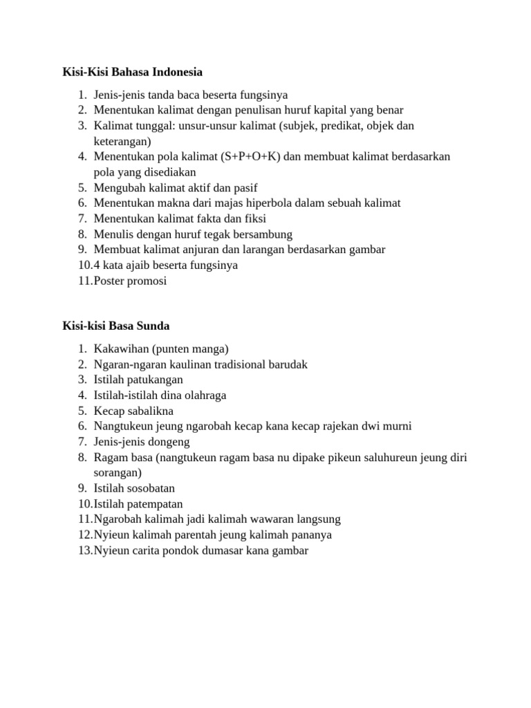 Kisi-Kisi Bahasa Indonesia Dan Sunda | PDF