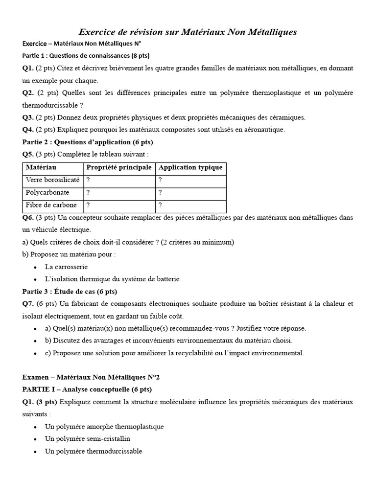 Exercice sur les Matériaux Non Métalliques | PDF | Science des ...