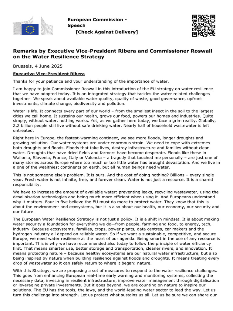 Europe Water Resilience - Speech | PDF | Water Security | Water