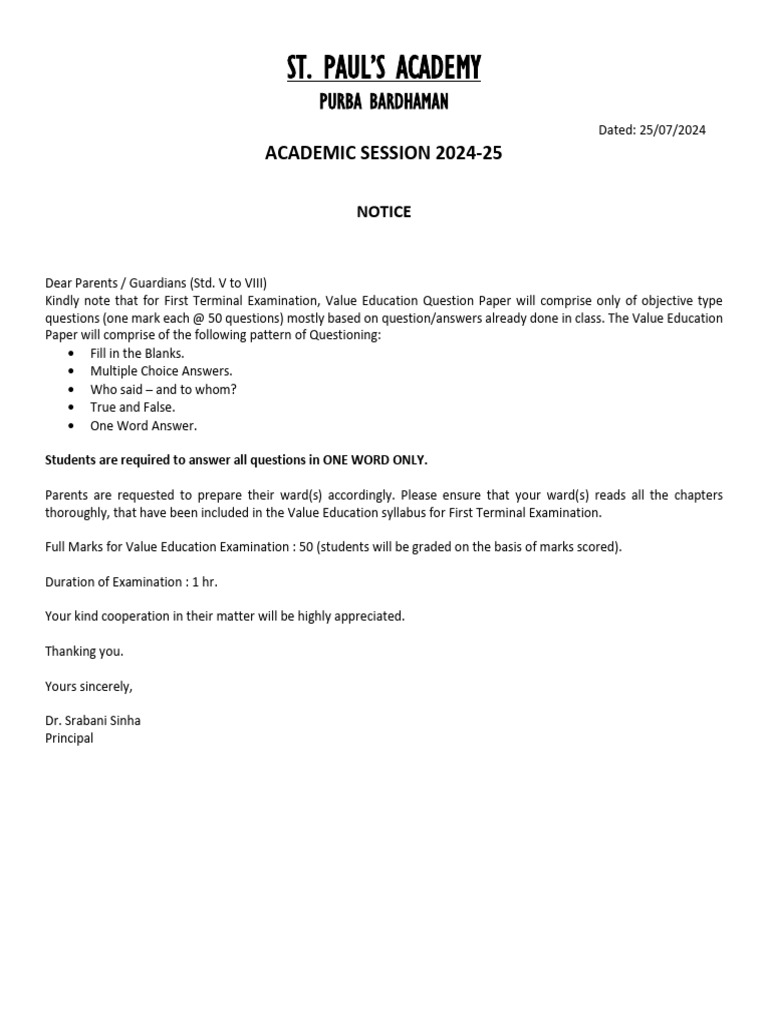 Value Education Exam Notice for Grades V-VIII | PDF