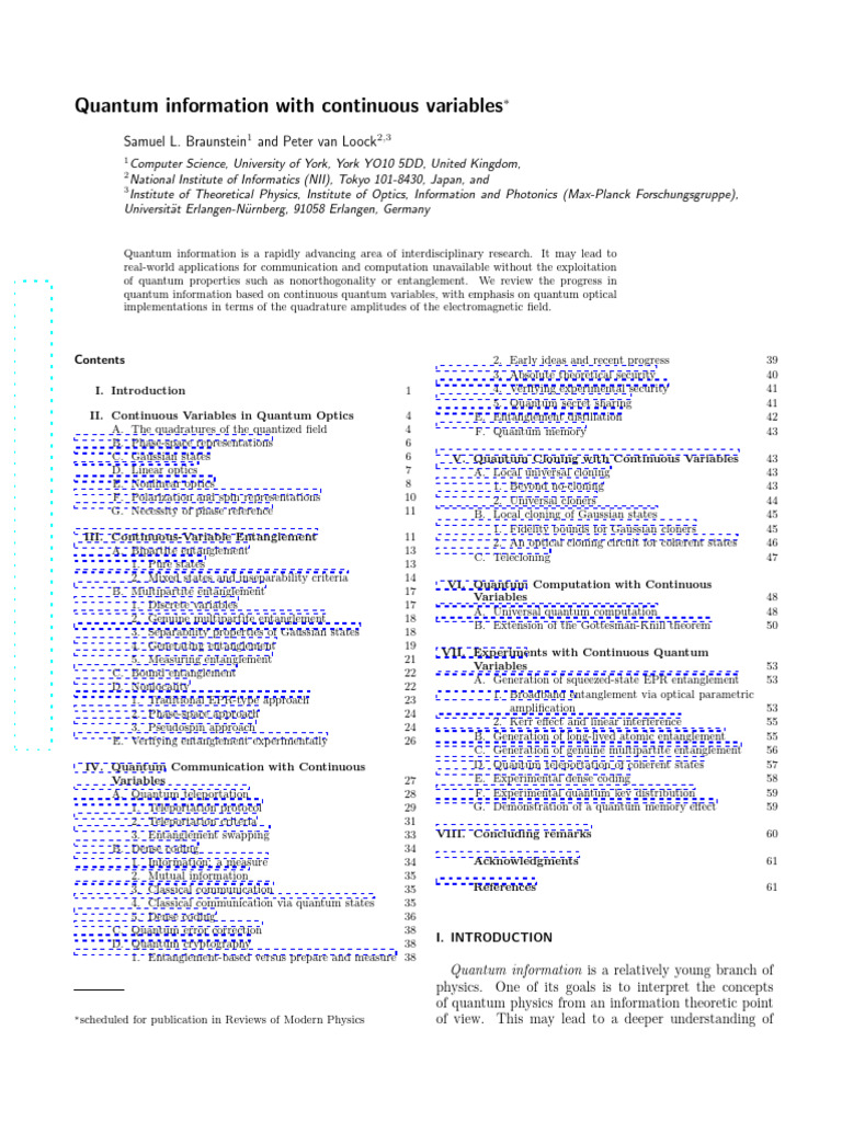 Quantum Information With Continuous Variables: Samuel L. Braunstein and Peter Van Loock | PDF ...