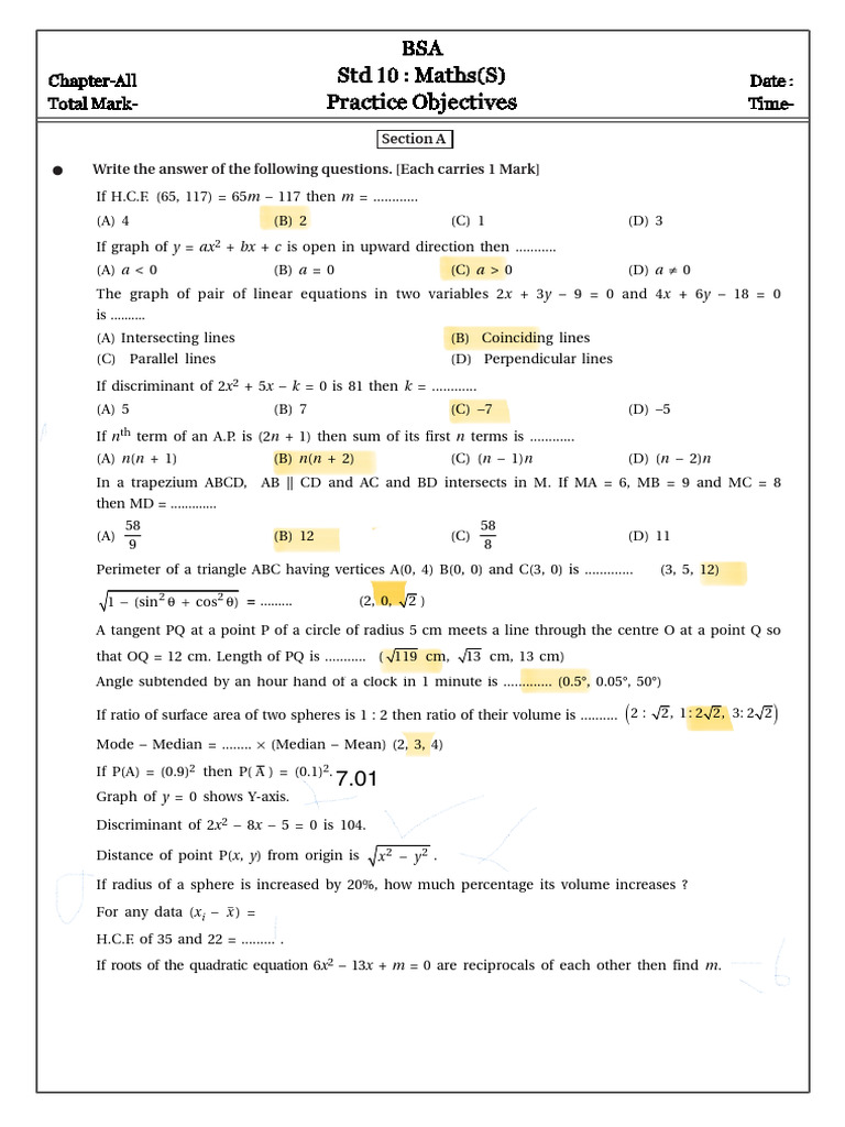 Std 10 Maths Practice Questions | PDF | Elementary Mathematics | Algebra