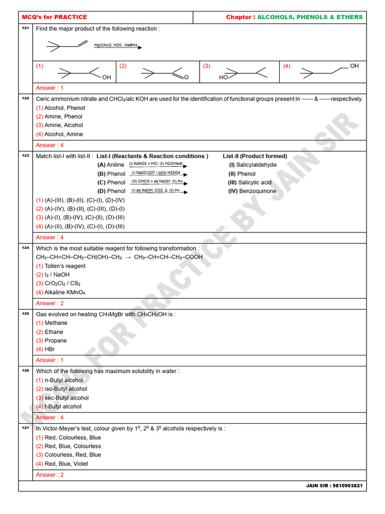 MCQ's For Practice (Alcohols, Phenols & Ethers) | PDF | Chemical ...