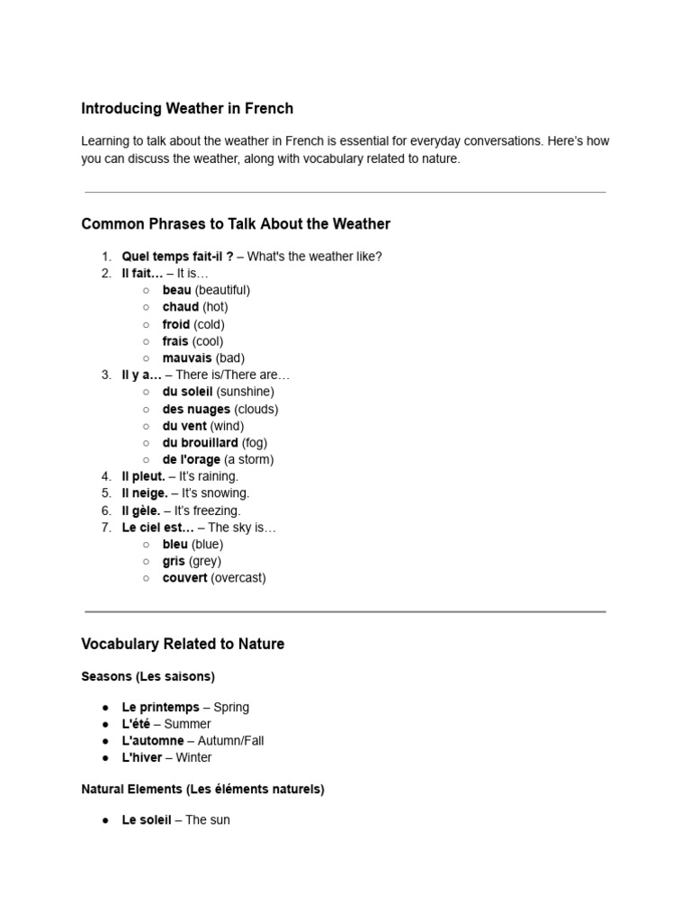French Weather Vocabulary Guide | PDF