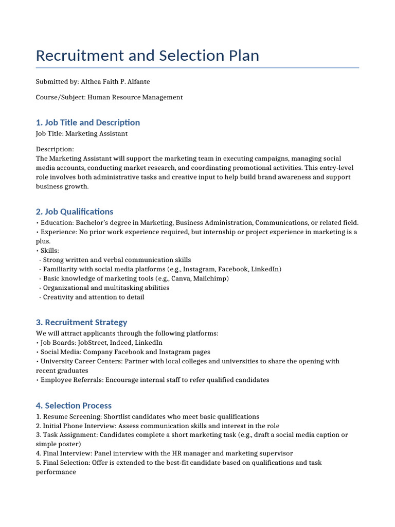 Recruitment and Selection Plan (Althea) | PDF