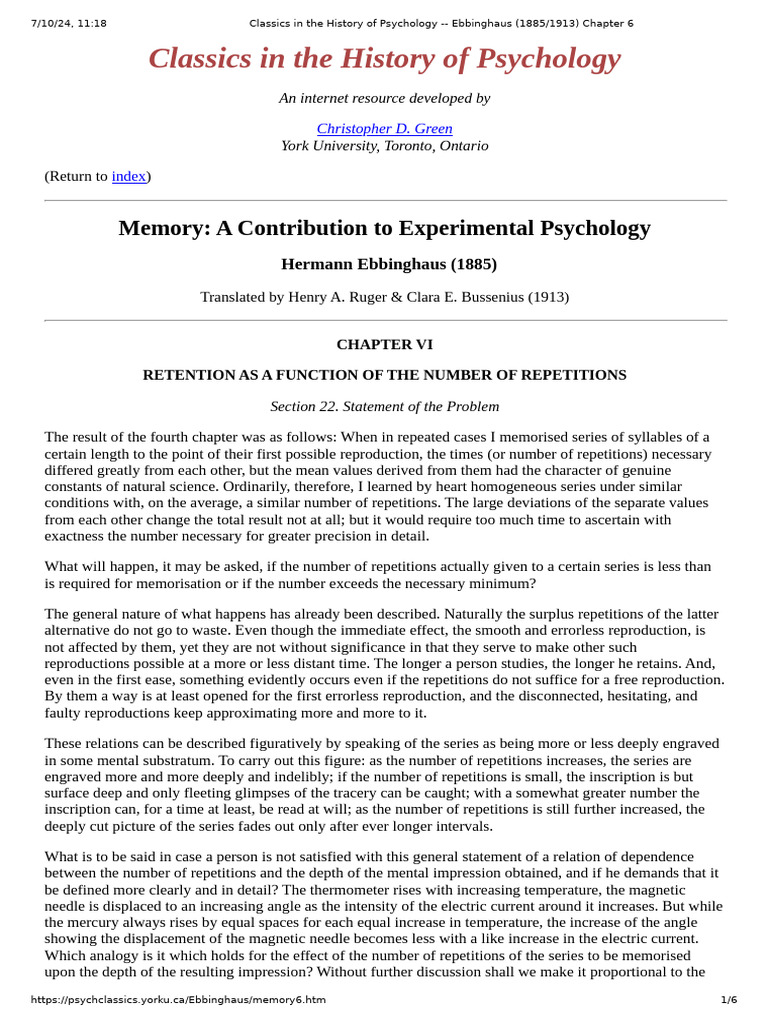 Classics in The History of Psychology - Ebbinghaus (1885 - 1913 ...