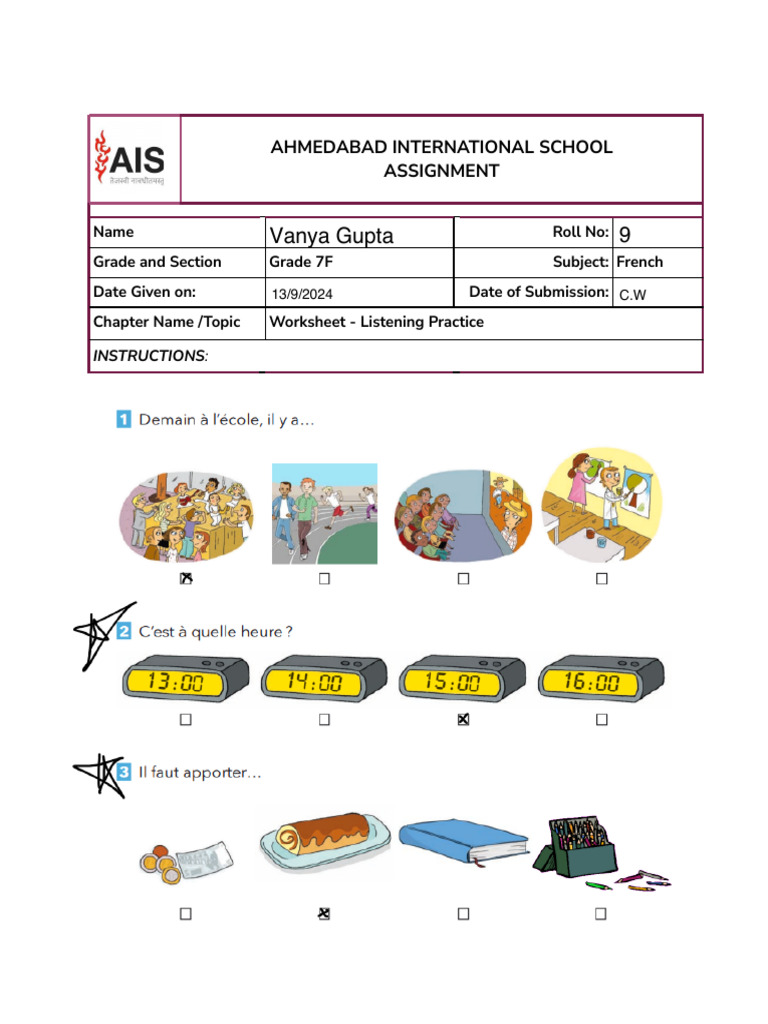 Year 7 French Listening Worksheet | PDF