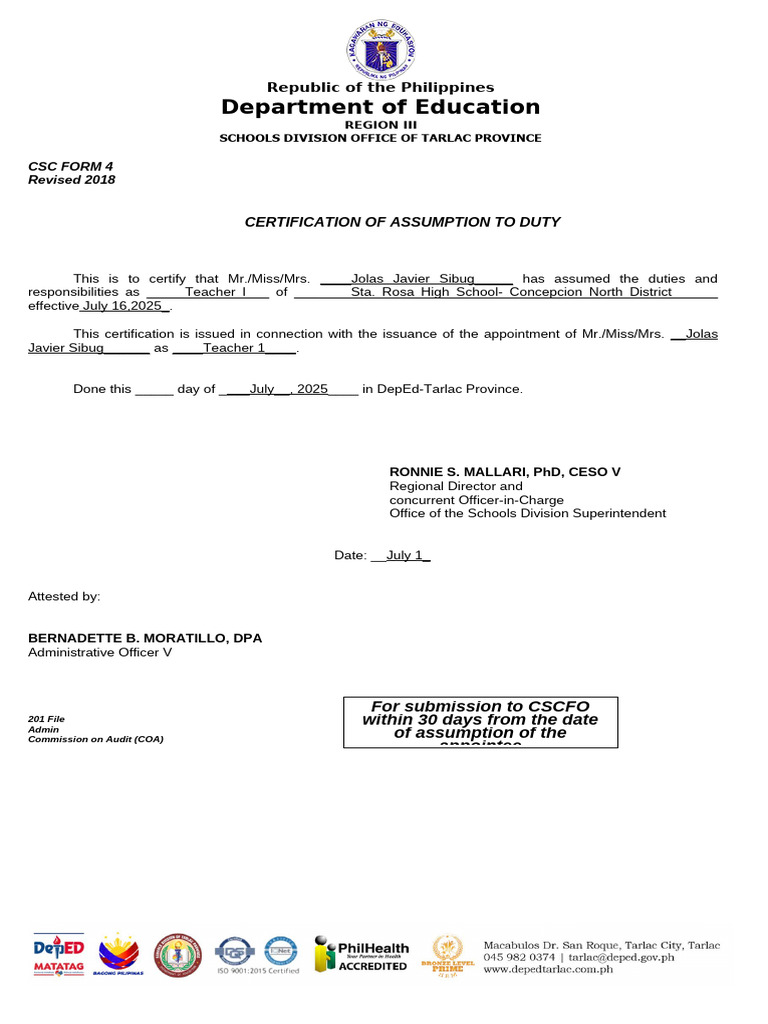 Assumption To Duty 2025 | PDF