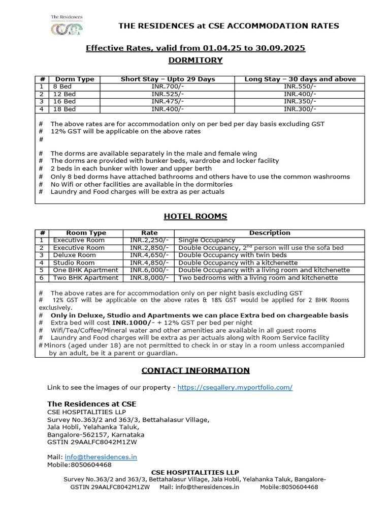 CSE Residences Accommodation Rates | PDF | Dormitory | Room