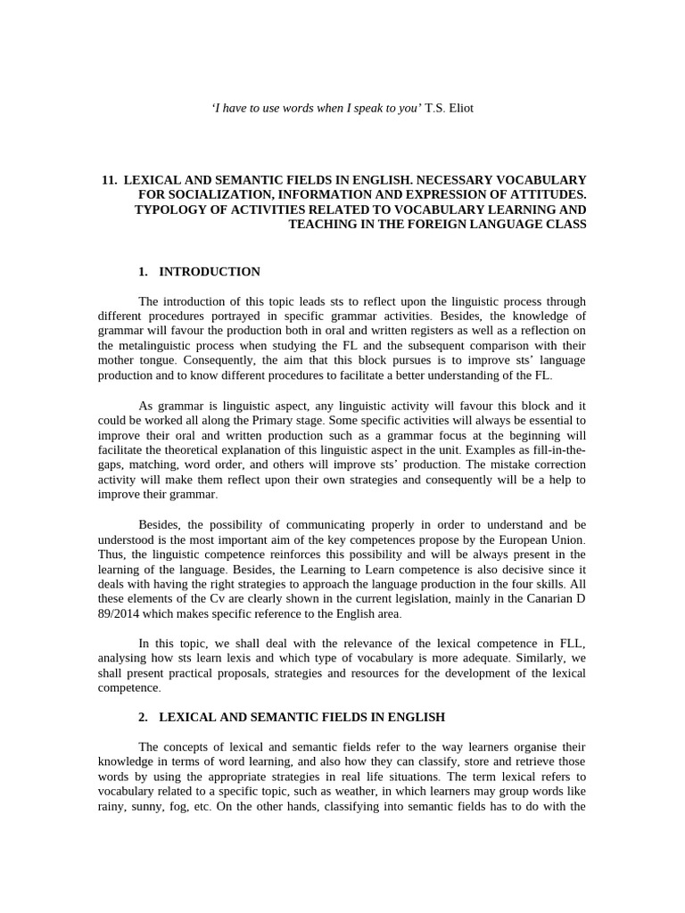 11 LEXICAL AND SEMANTIC FIELDS IN ENGLISH | PDF | Vocabulary | Semantics