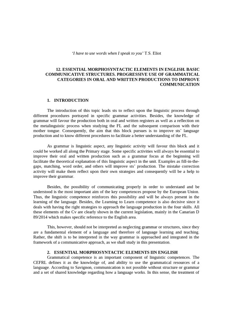 12 Essential Morphosyntactic Elements in English | PDF | Word | Syntax
